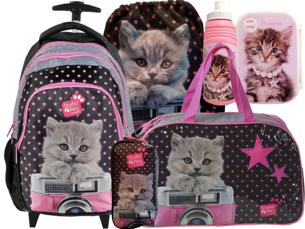 PLECAK SZKOLNY NA KÓŁKACH Z KOTKIEM KOT ZESTAW 6cz - 6833788494 - oficjalne archiwum Allegro